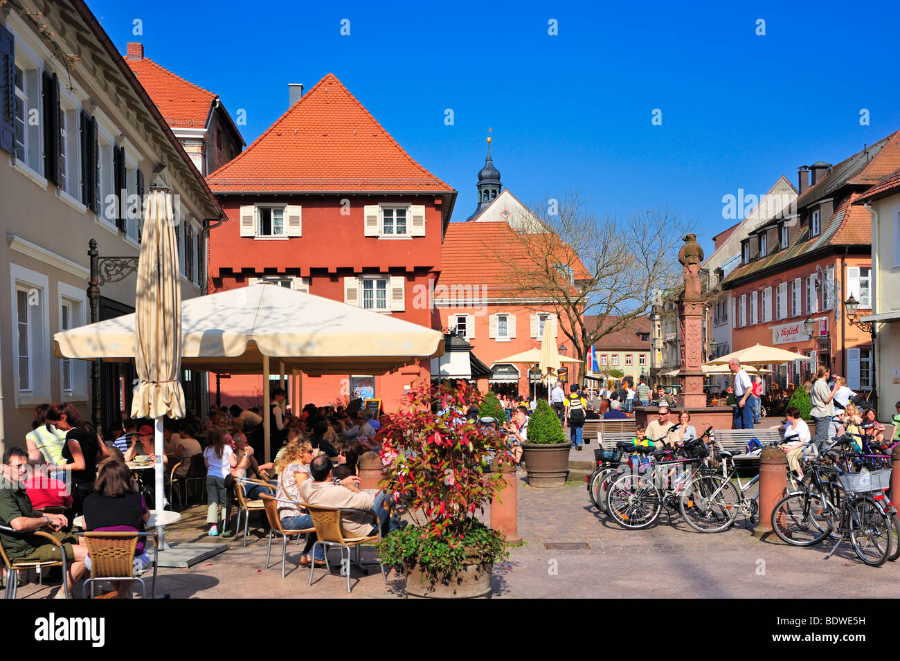 Street cafa at the Schlossplatz square, Ettlingen, Germany, Black Forest, Baden-Wuerttemberg ...