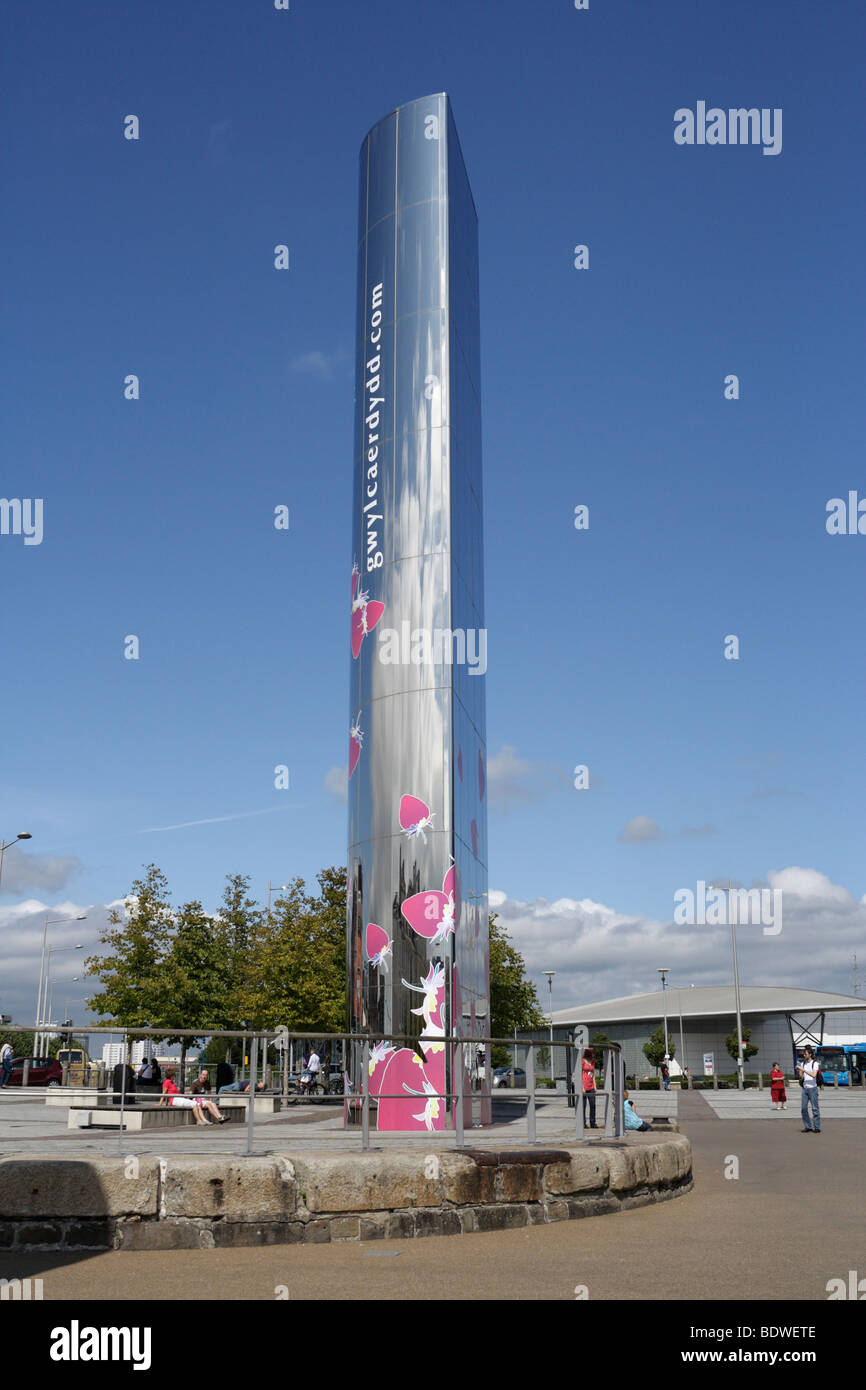 The waterfall feature in Cardiff bay, decorated with images of ...