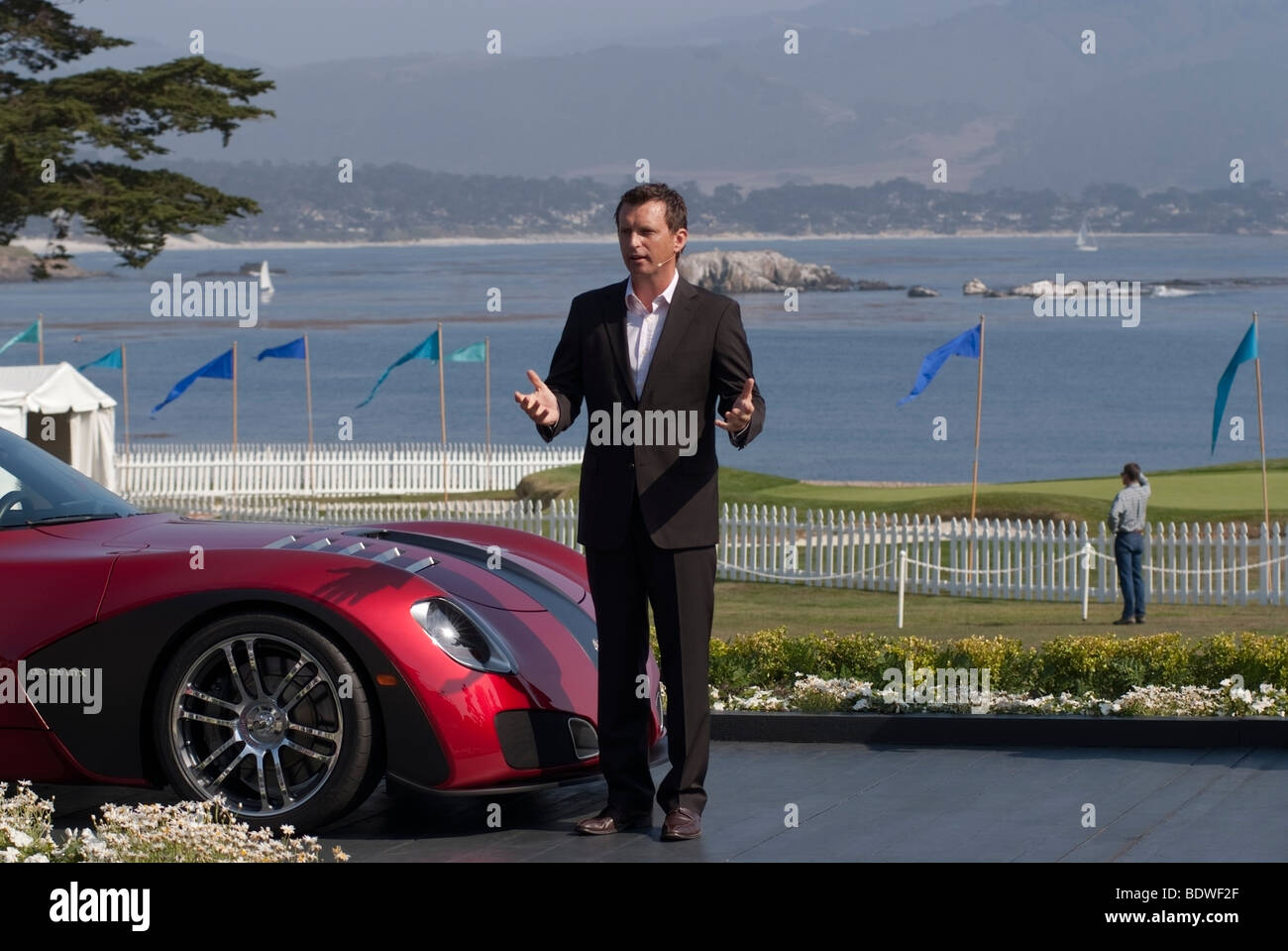 British race car driver Justin Bell introducing the Devon GTX car at ...