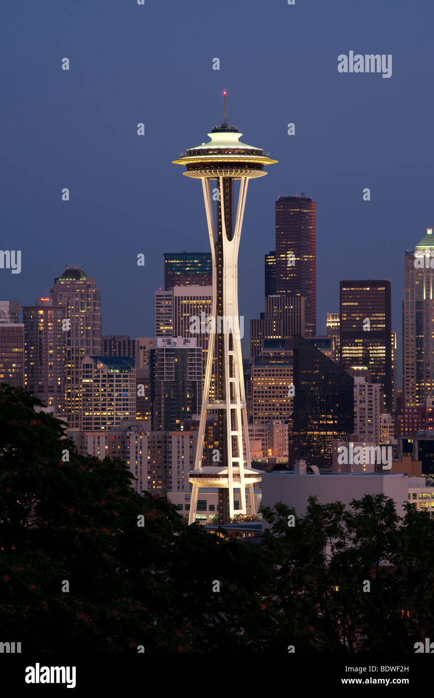 Retro image of Space Needle and downtown Seattle at night and city ...