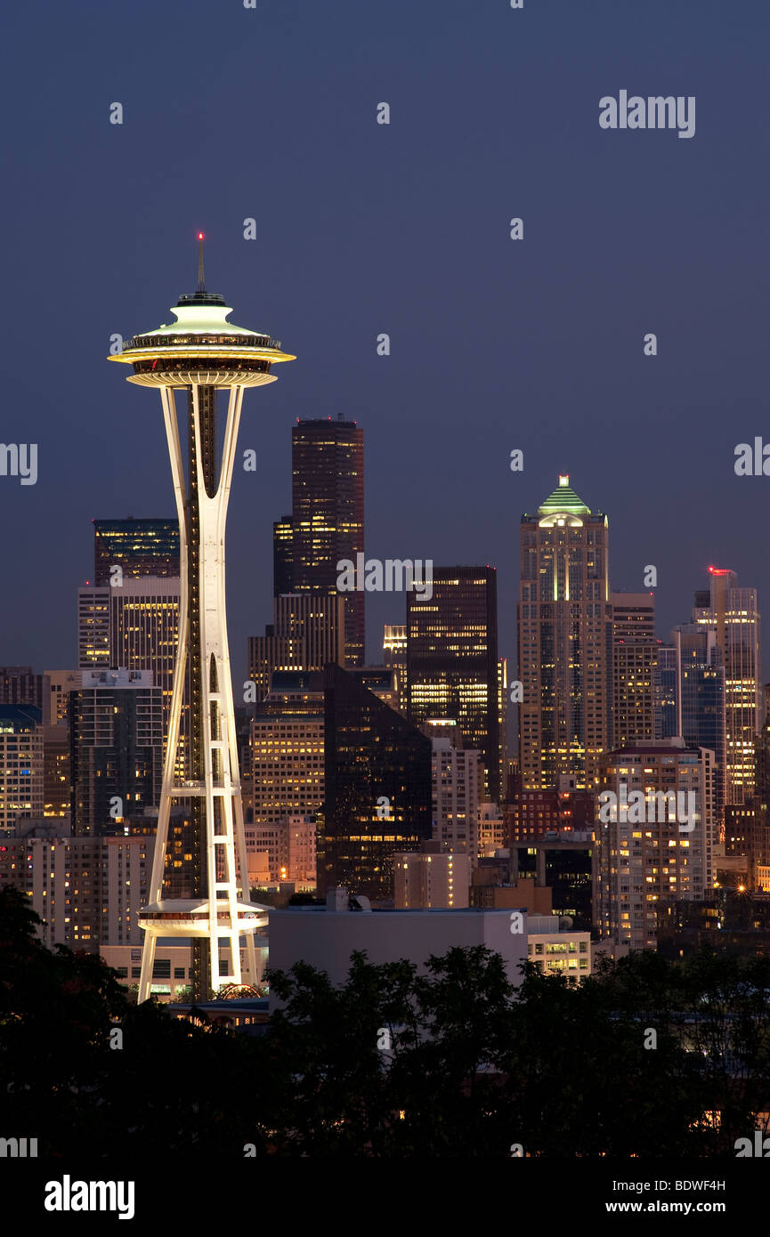 Retro image of Space Needle and downtown Seattle at night and city ...