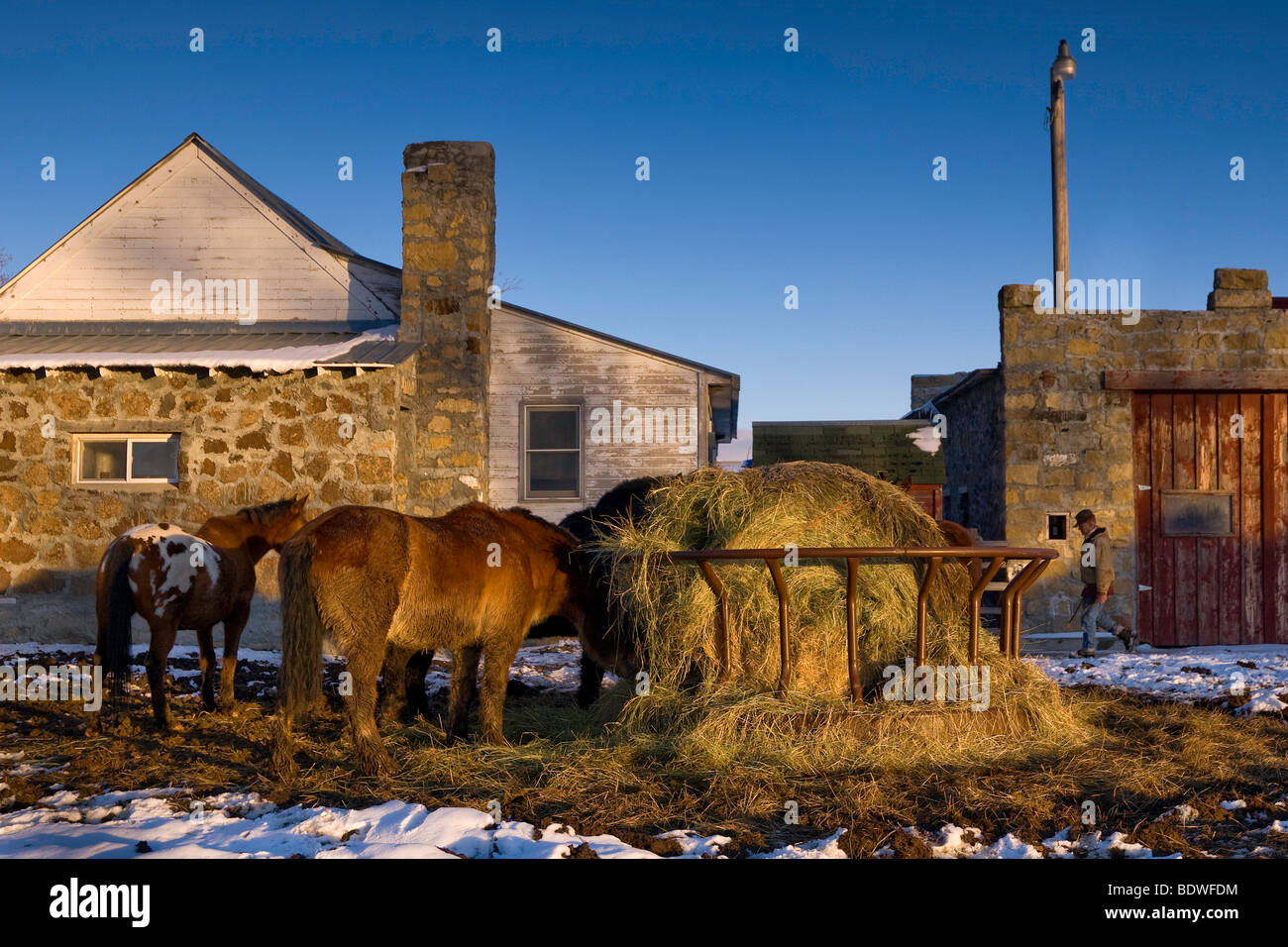Warm sun reflects from an old stone ranch house melting the remaining ...