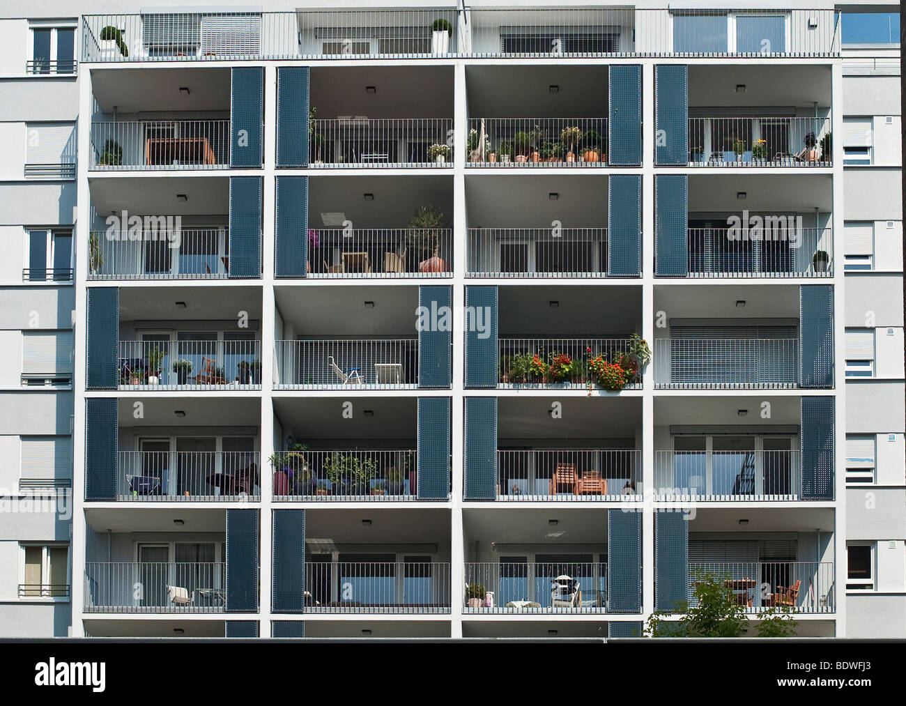 Balconies on high rise buildings, West Port, Frankfurt, Hesse, Germany ...