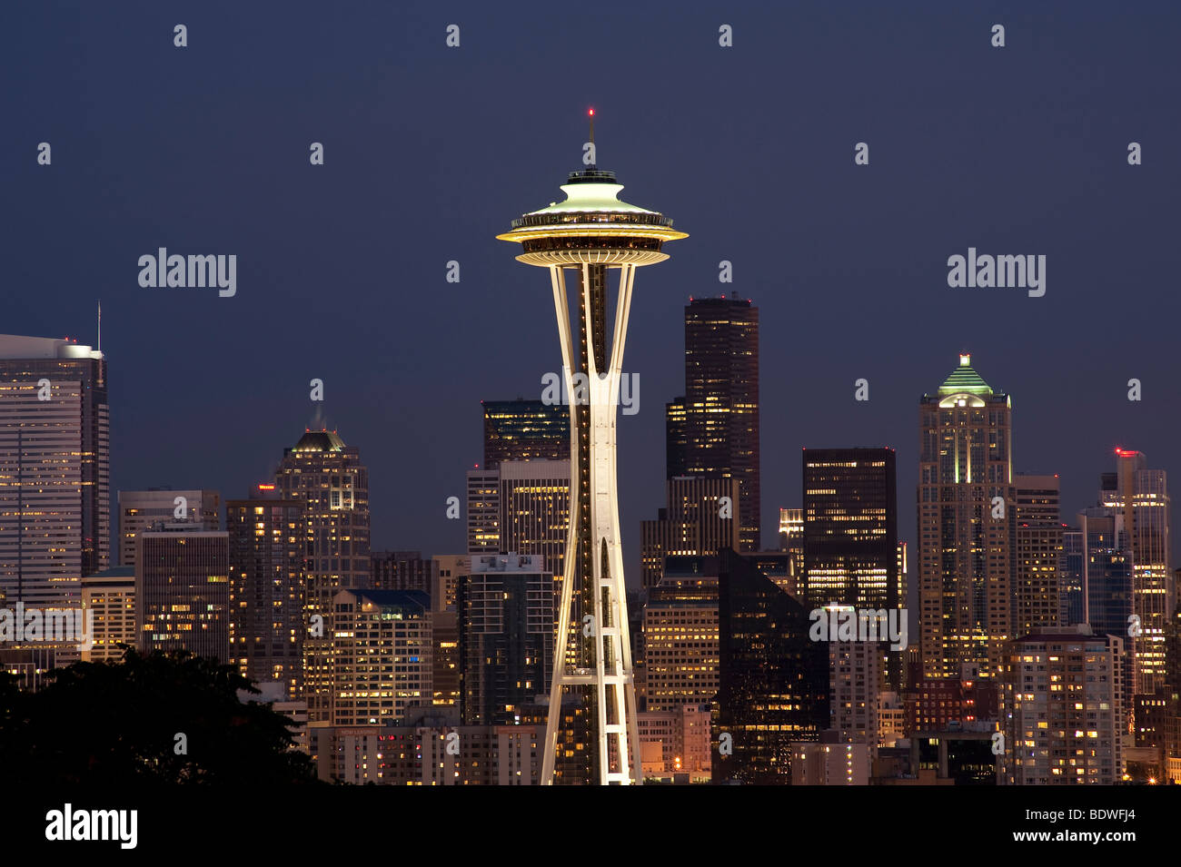 Retro image of Space Needle and downtown Seattle at night and city ...