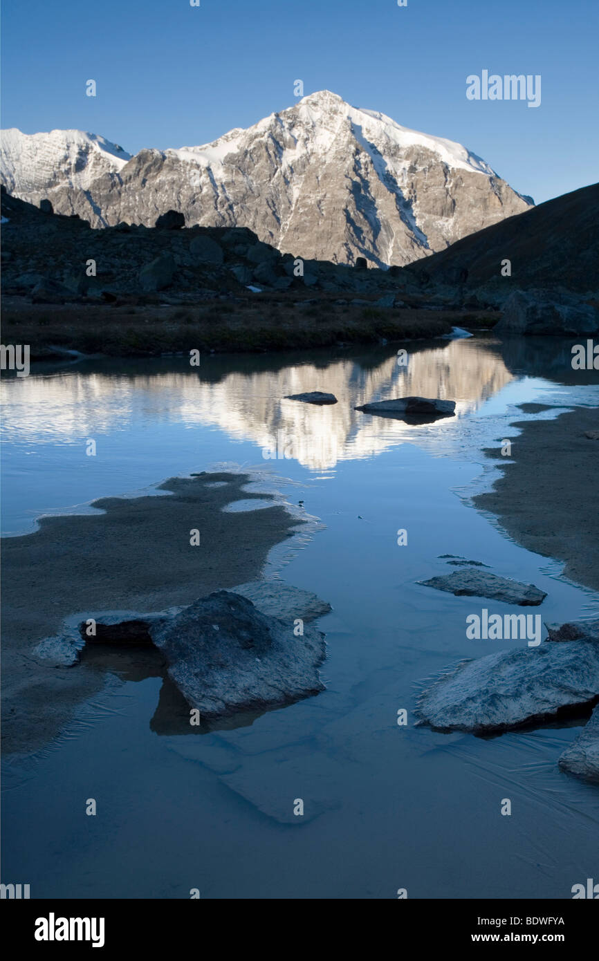 Mt. Ortler reflected in a mountain stream, Sulden, Ortler mountain ...