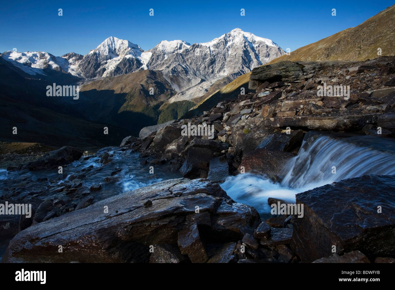 Mt. Ortler, mountain stream, Sulden, Ortler mountain range, Stelvio ...