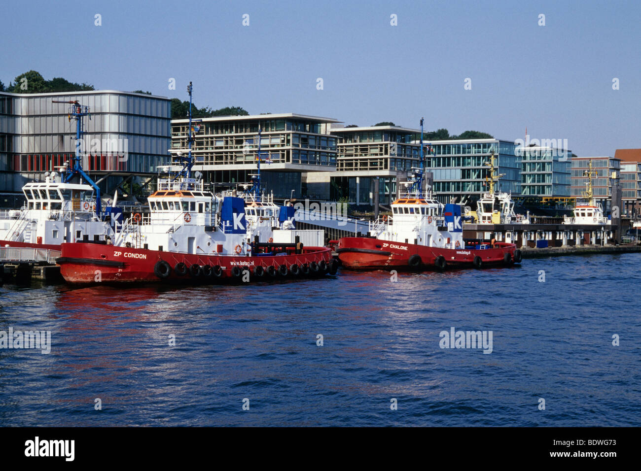 Tug boats and modern office buildings, boats at the tug pier, Elbe ...