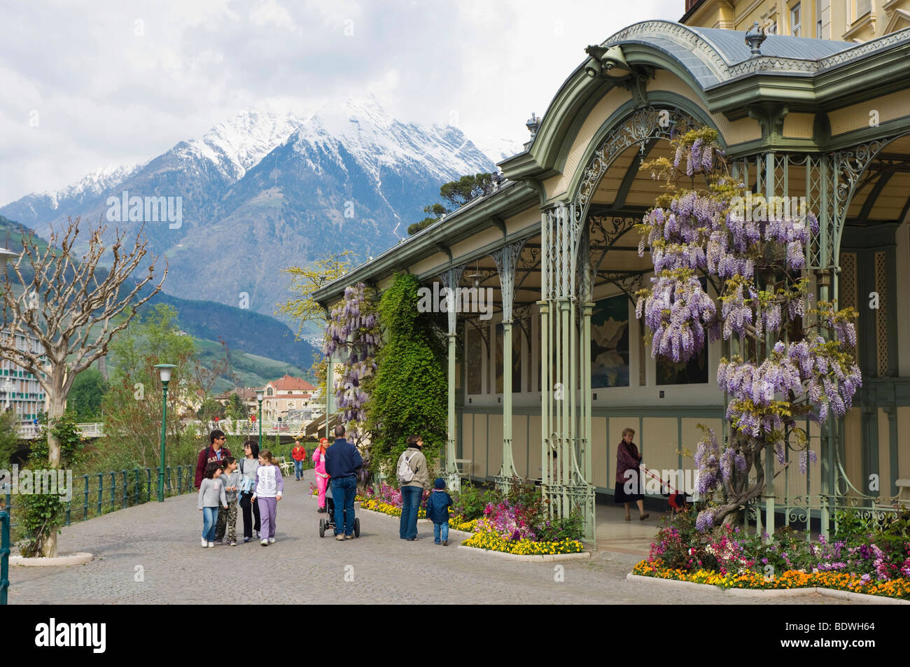 Art Nouveau gallery, winter promenade, Merano, Trentino, Alto Adige ...