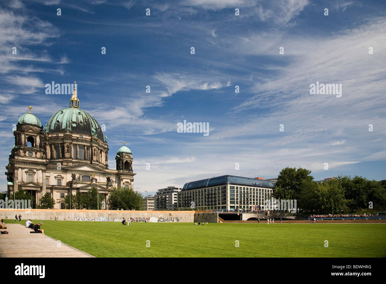 The Berliner Dom cathedral seen from the Schlosswiese meadow, total ...