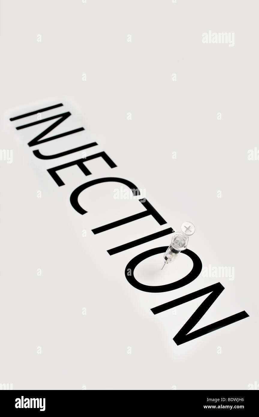 Graphic representation of the word INJECTION with hypodermic syringe ...