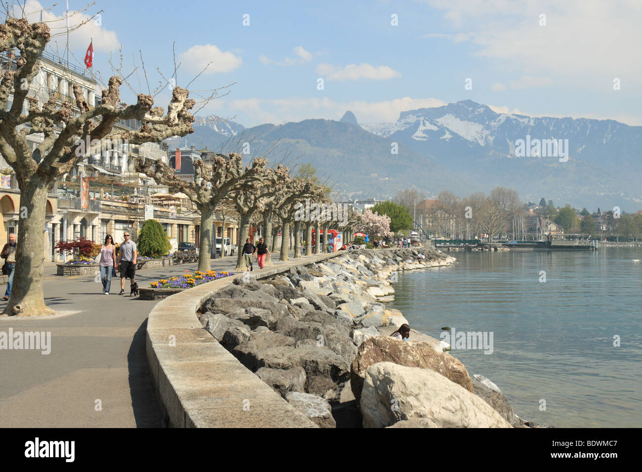 View along the lake in Vevey Switzerland Stock Photo - Alamy
