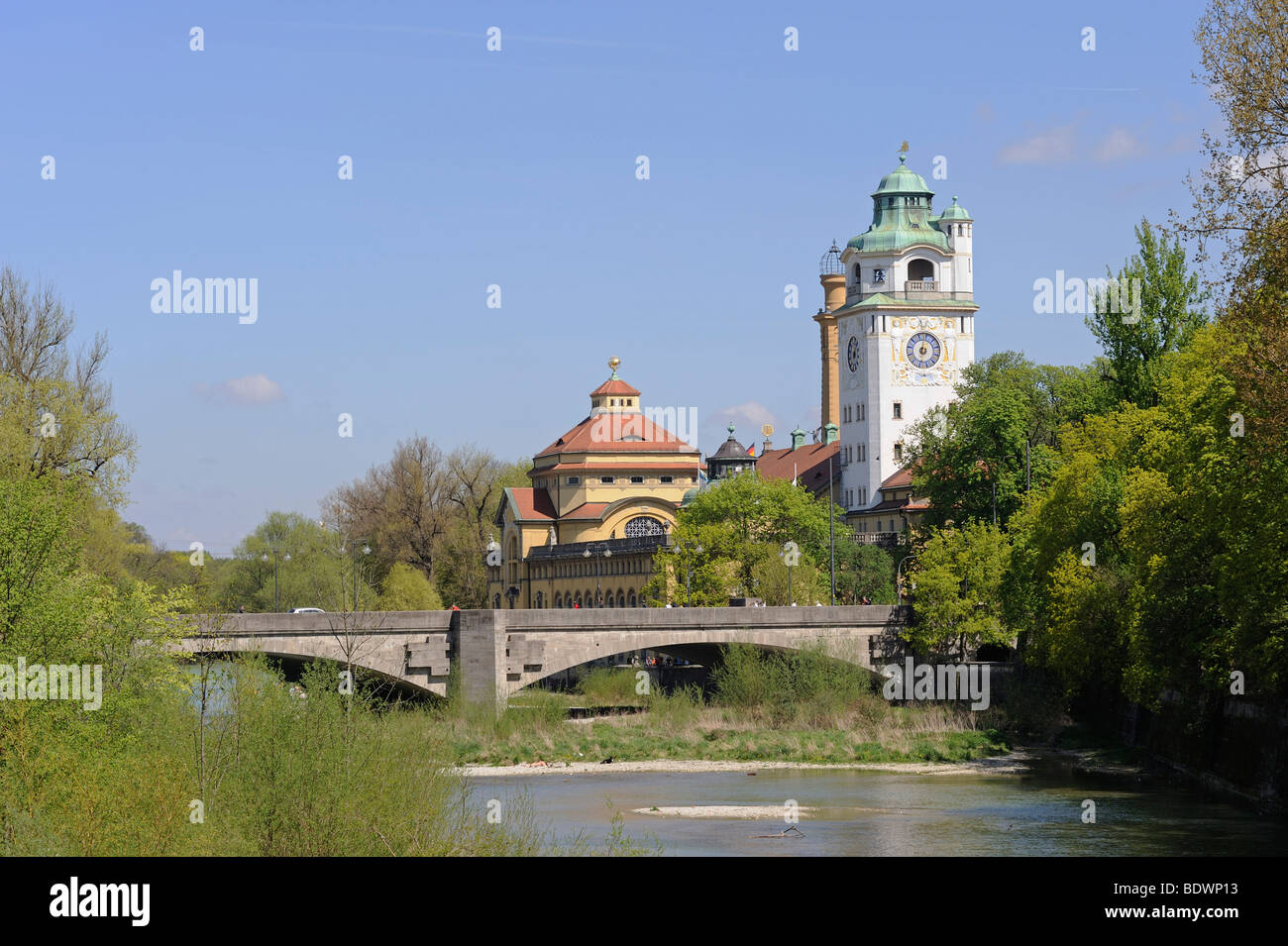 Volksbad swimming pool on the Isar River, Munich, Upper Bavaria ...