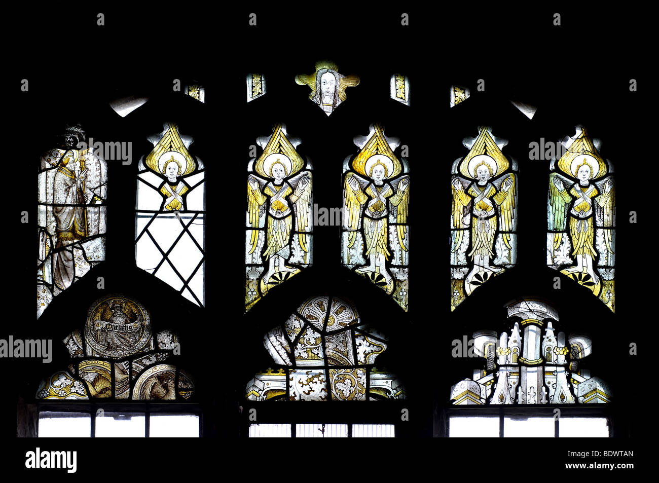 Medieval stained glass, All Saints Church, Odell, Bedfordshire, England ...