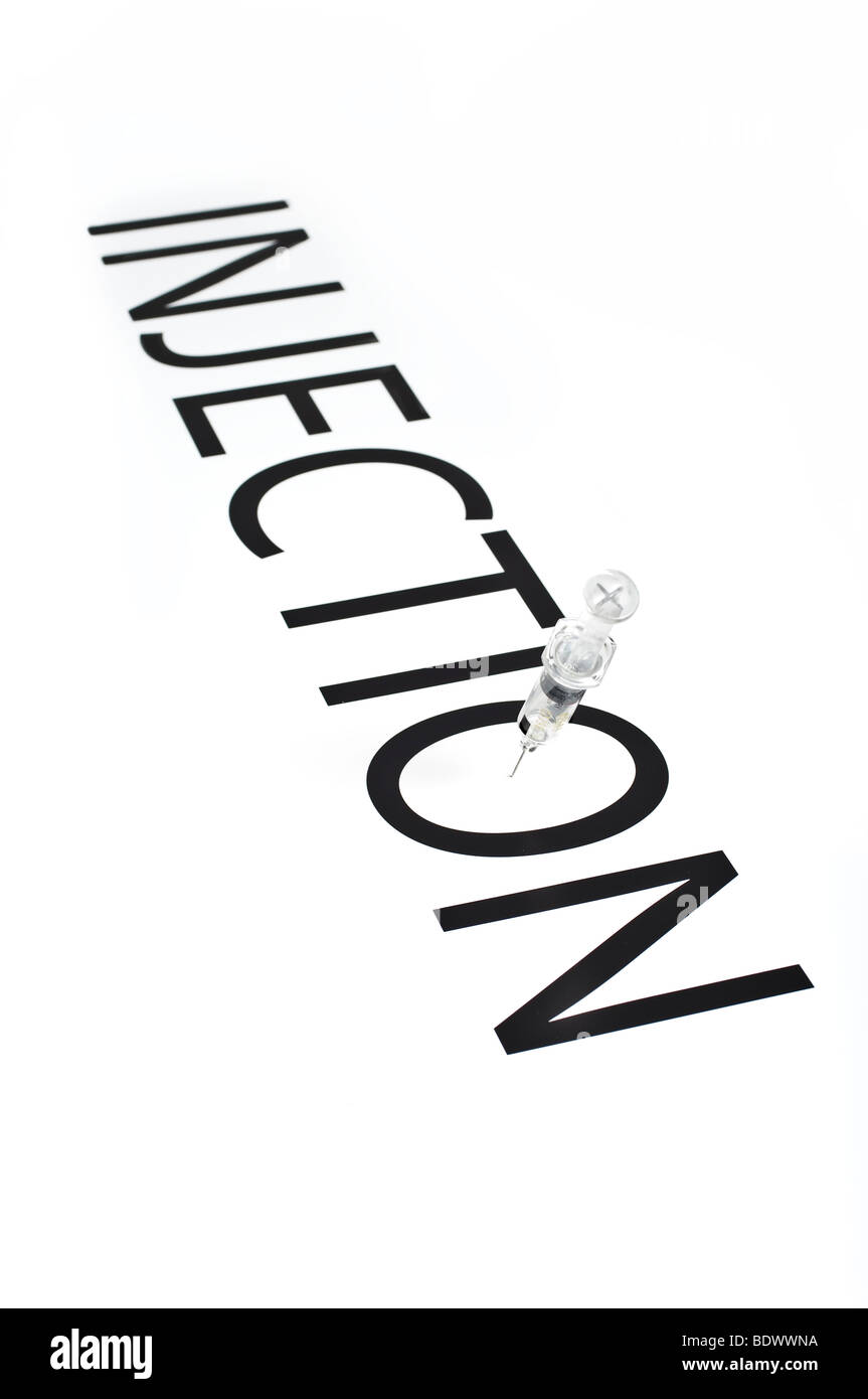Graphic representation of the word INJECTION with hypodermic syringe ...