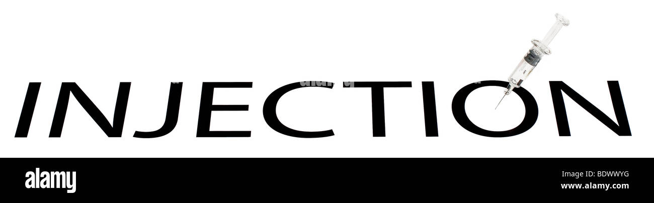 Graphic representation of the word INJECTION with hypodermic syringe ...