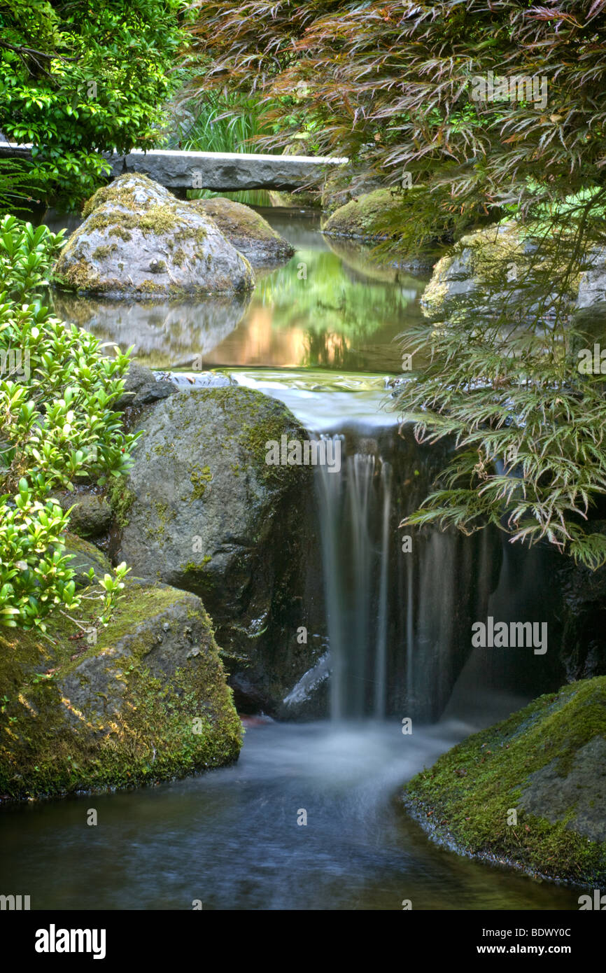 Peaceful waterfall in the Portland Japanese Garden, Oregon Stock Photo ...