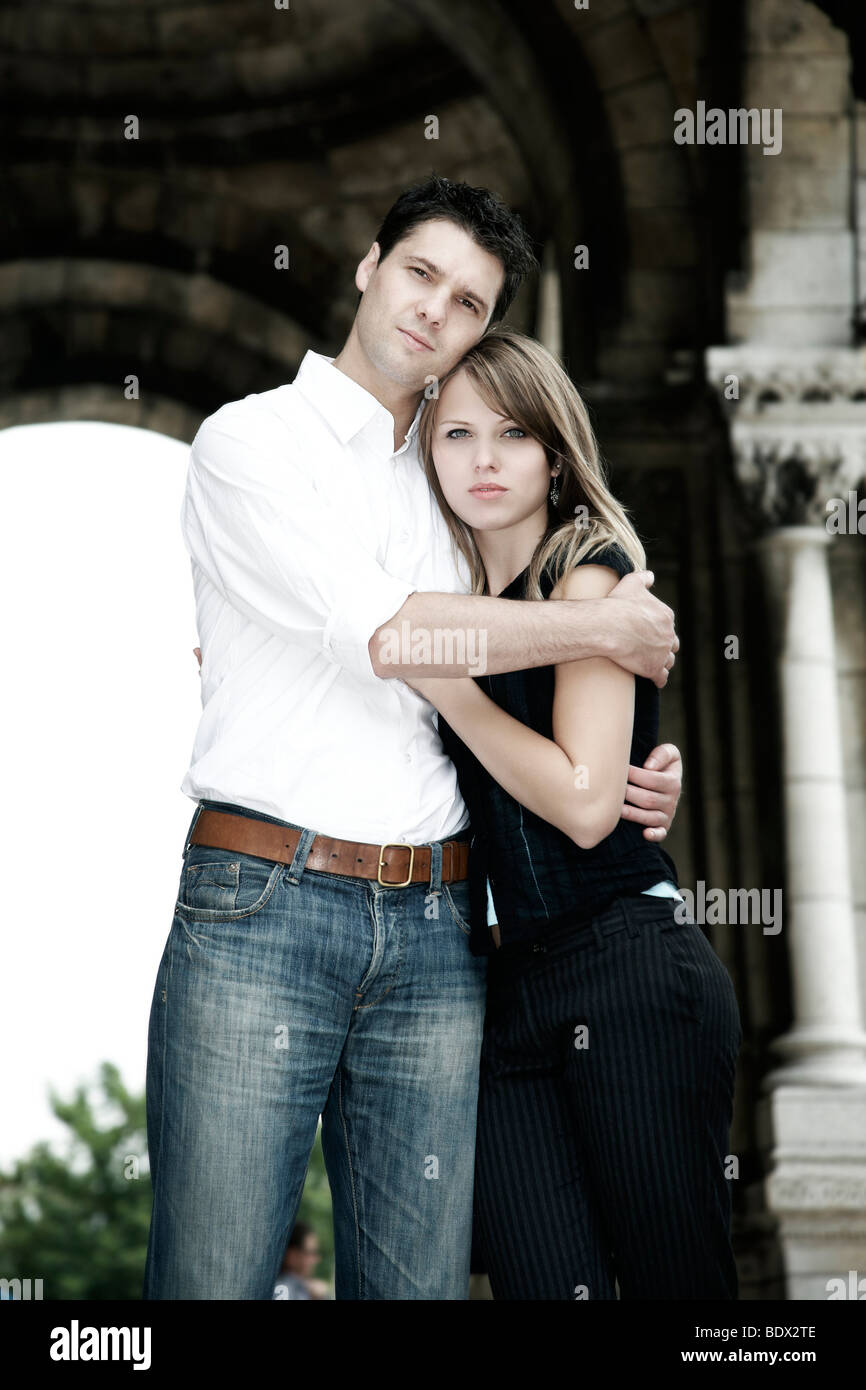 Young couple in love hugging, portrait, the Sacré Coeur, Paris, France ...