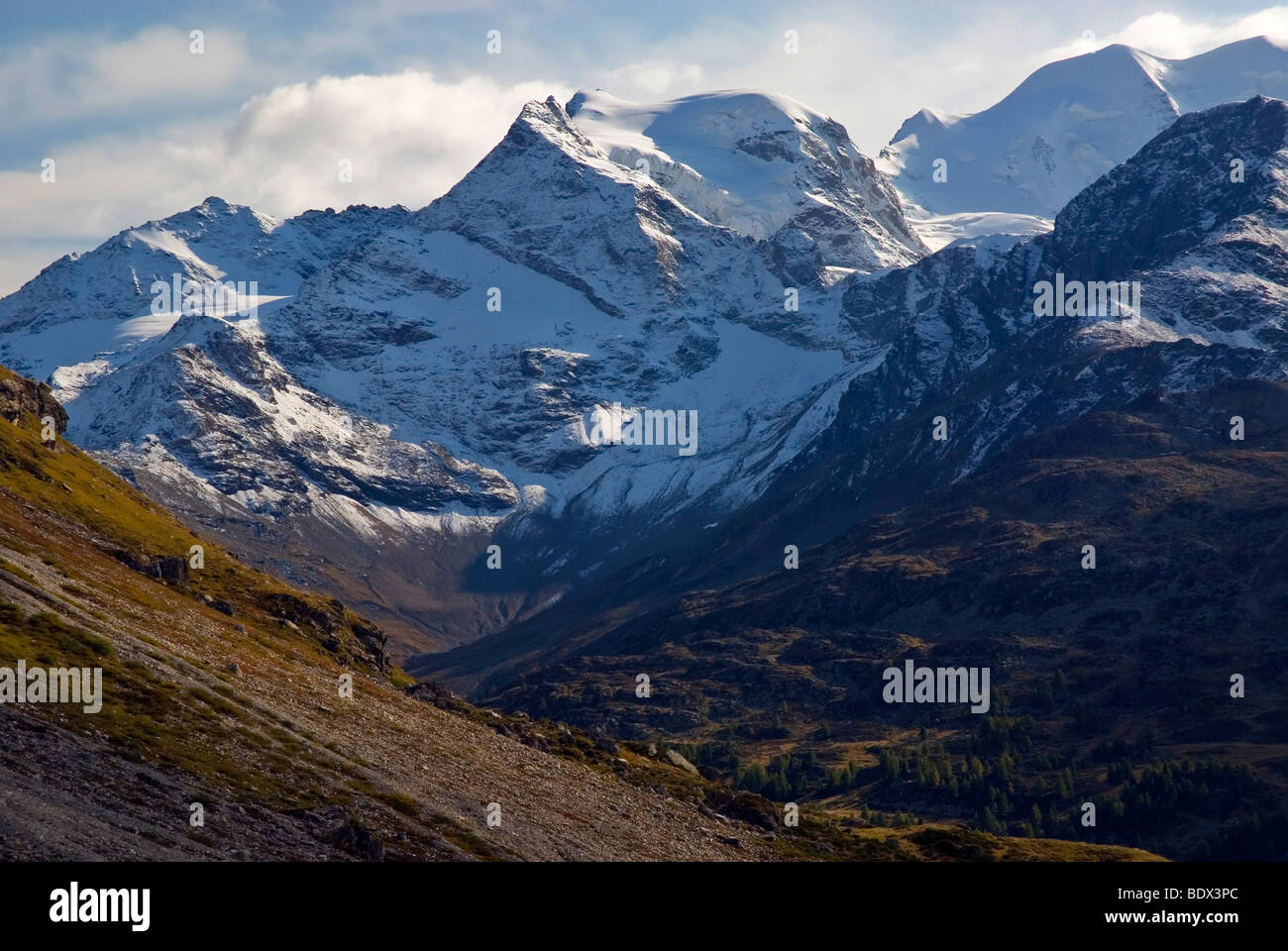 View of Buendner Alps mountain range, Mt Diavolezza, 2978 m AMSL, and ...