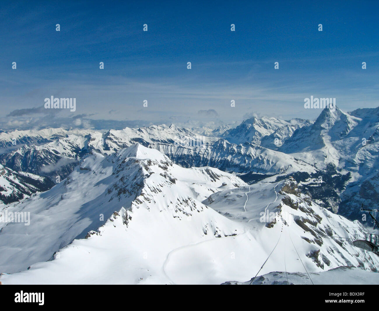 View of Swiss Alps from the window at the top of the Schilthorn ...