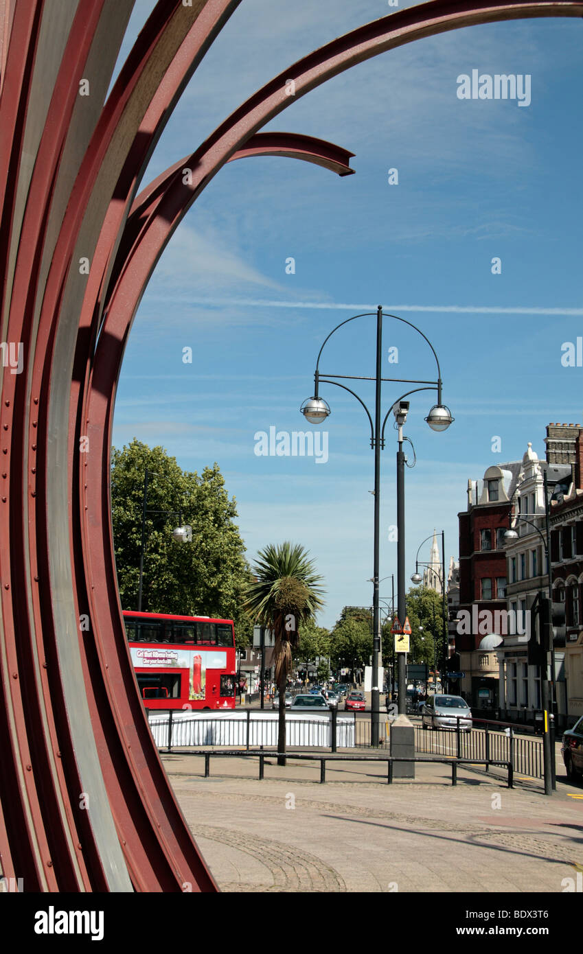 View towards the centre of Stratford past the "Railway Tree" sculpture ...