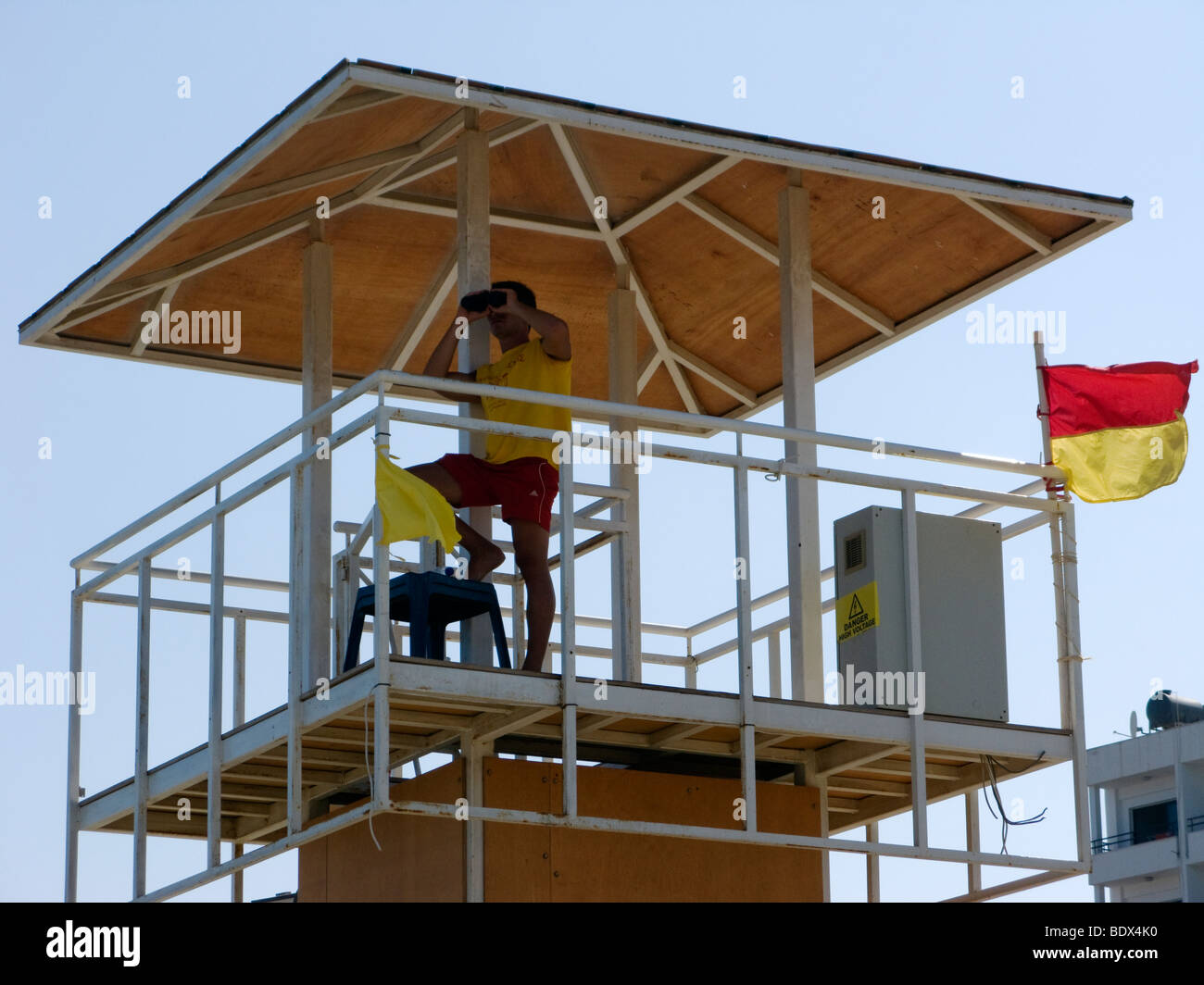 Lifeguard in the watchtower at the beach in Larnaca city, Cyprus Stock ...