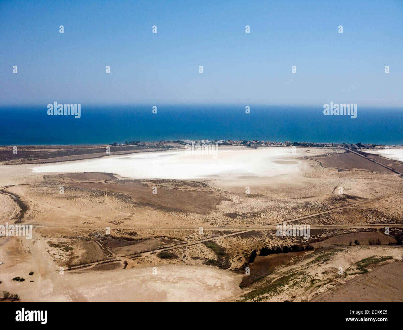Aerial view of one of the salt lakes in the Larnaca Salt lake complex ...
