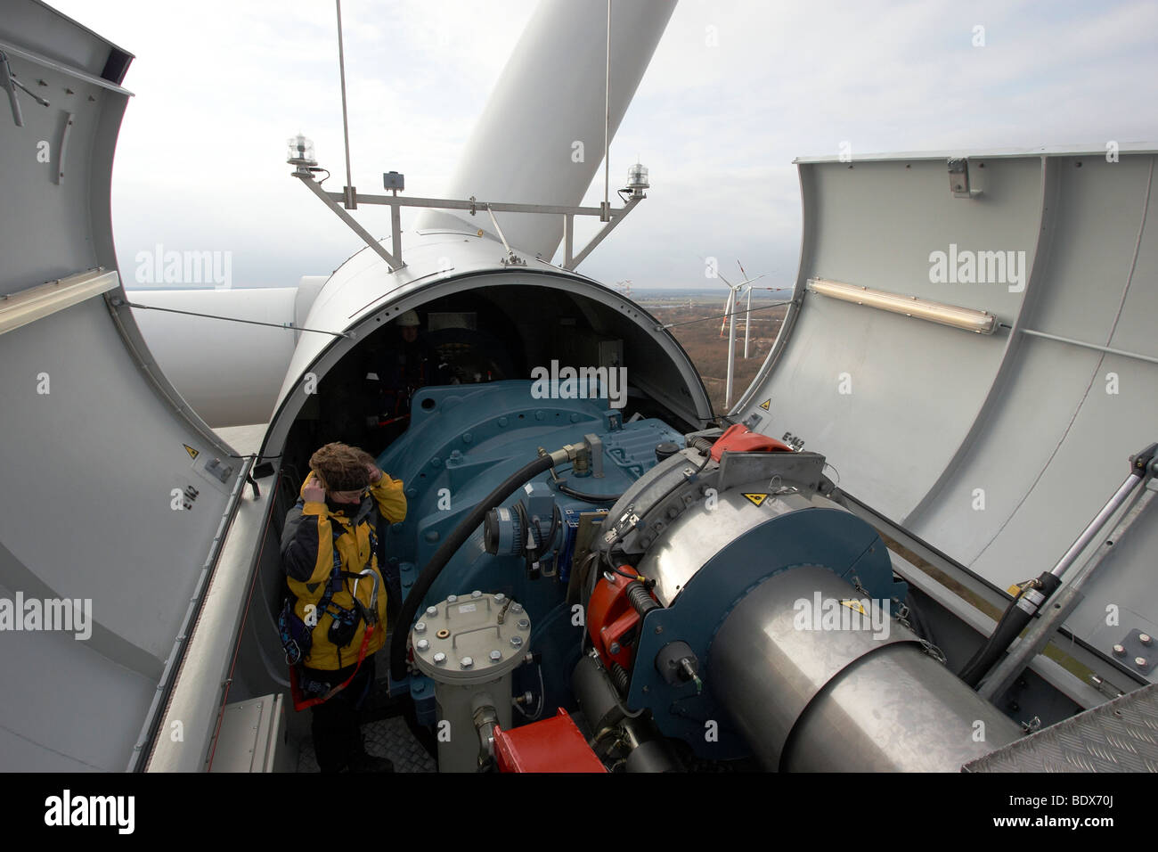 In the engine room on top of a wind turbine, Bremen, Germany, Europe ...