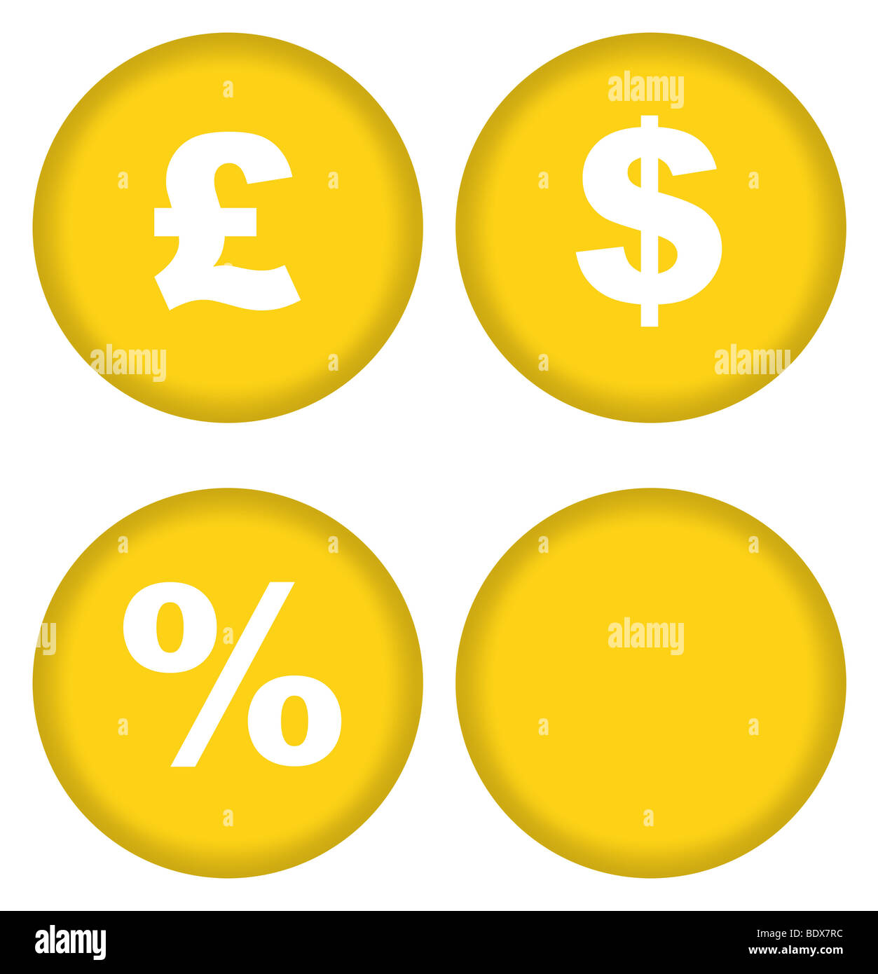 Sterling and dollar currency buttons with percentage sign, isolated on ...