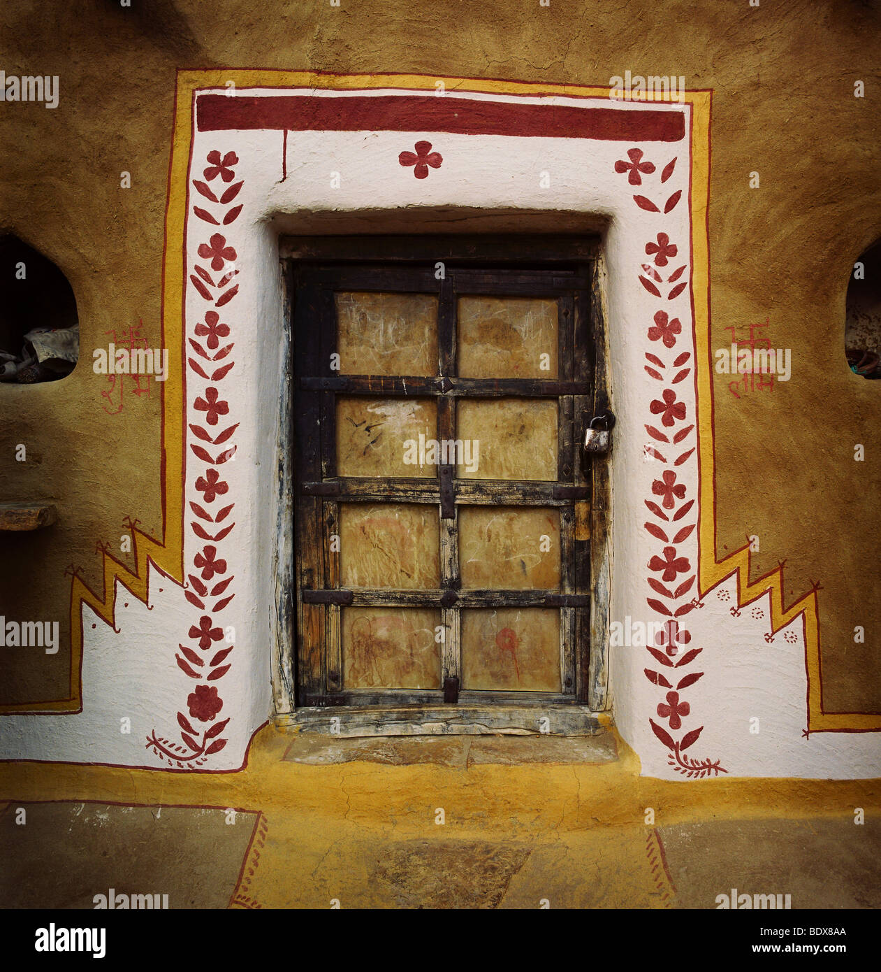 Painted Doorways On Mud Houses. Thar Desert Rajasthan India Stock Photo ...
