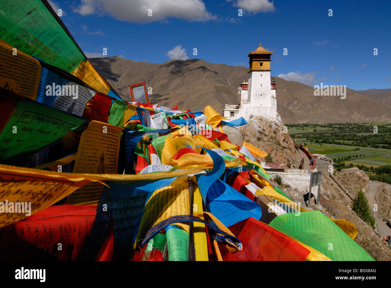 Prayer Flags above the Yarlungtal at Yumbulagang palace, first and ...