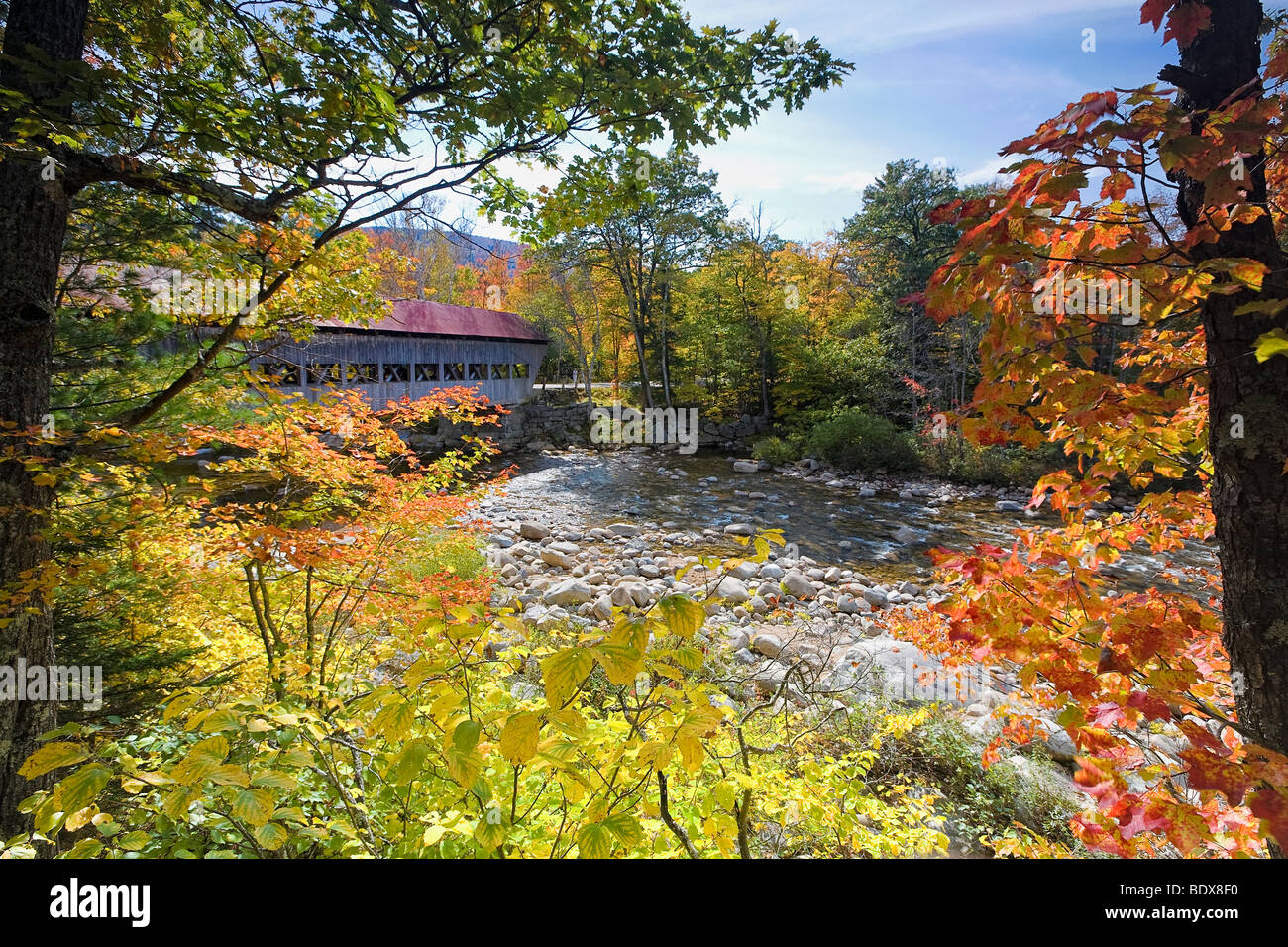 View of a Covered Bridge through Colorful Fall Foliage, Albany Bridge ...