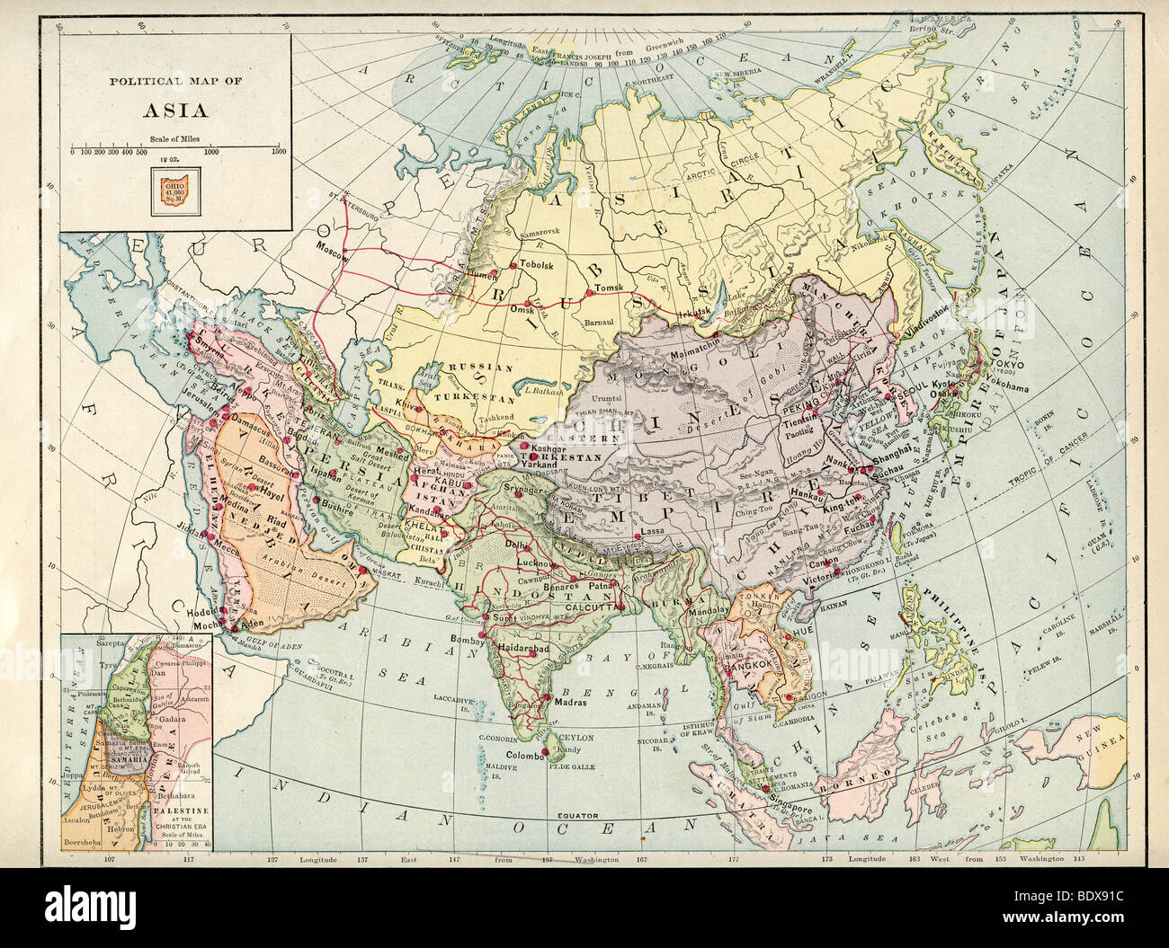 Original old map of Asia from 1875 geography textbook Stock Photo - Alamy