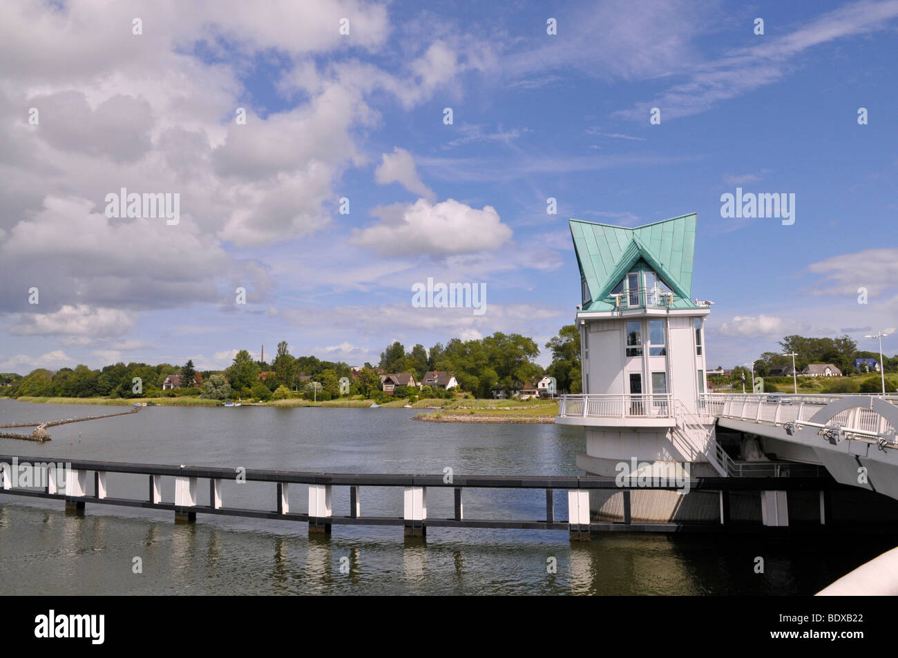 Bridge house of the Klapp-Schleibruecke bridge in Kappeln, Schlei river ...