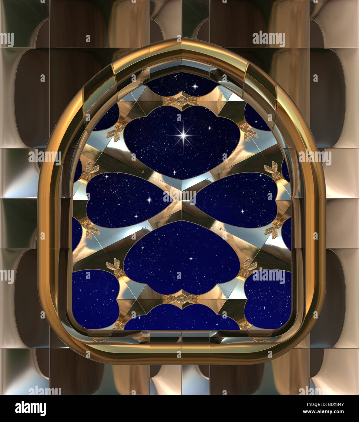 gothic or science fiction window looking into starry night sky with ...