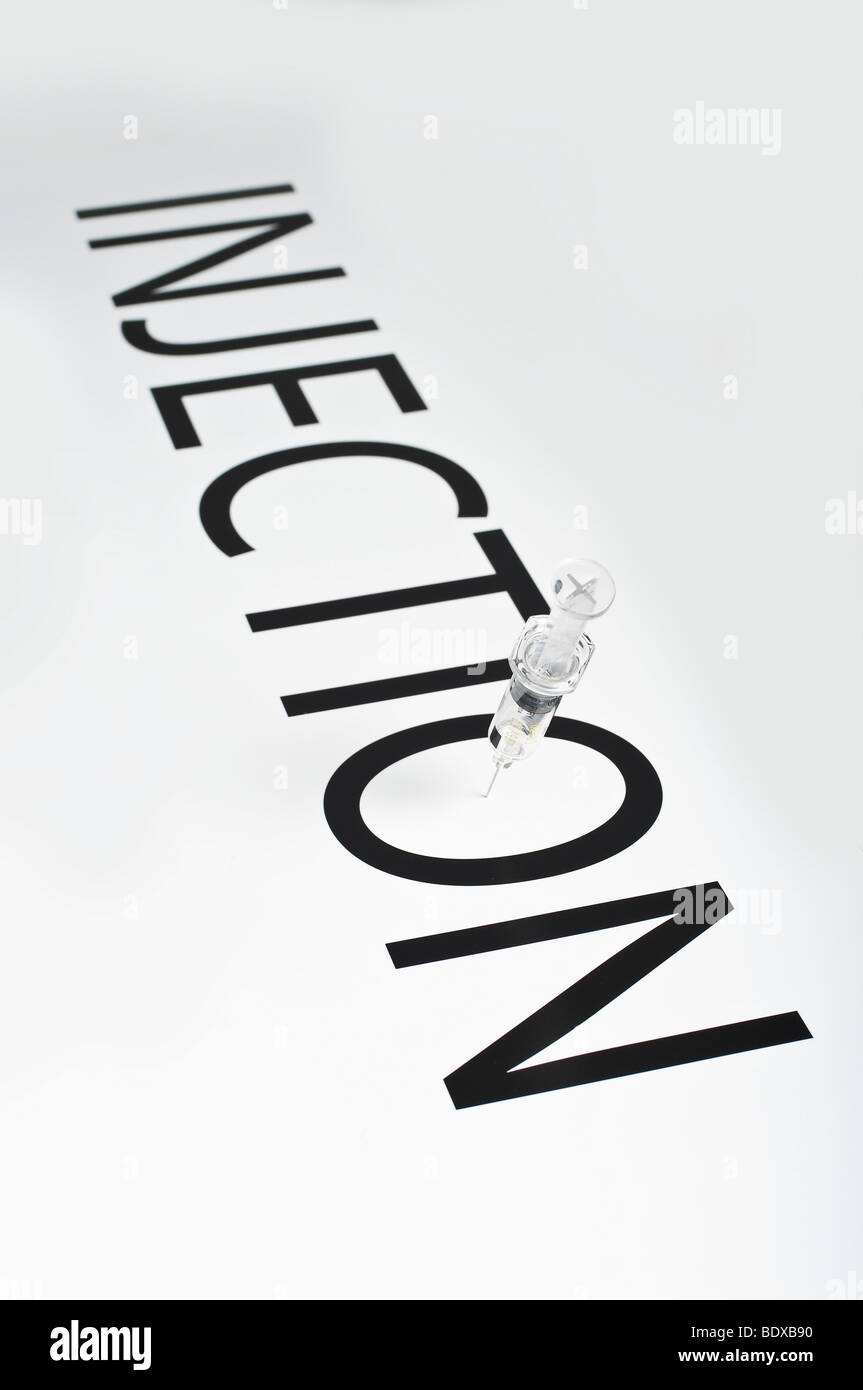 Graphic representation of the word INJECTION with hypodermic syringe ...