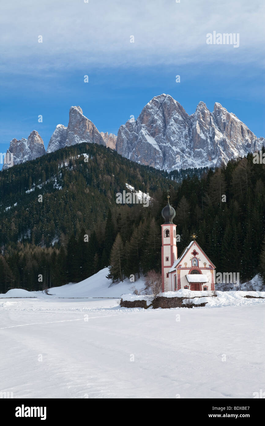 Winter landscape of St Johann Church, Ranui in Villnoss, Val di Funes ...