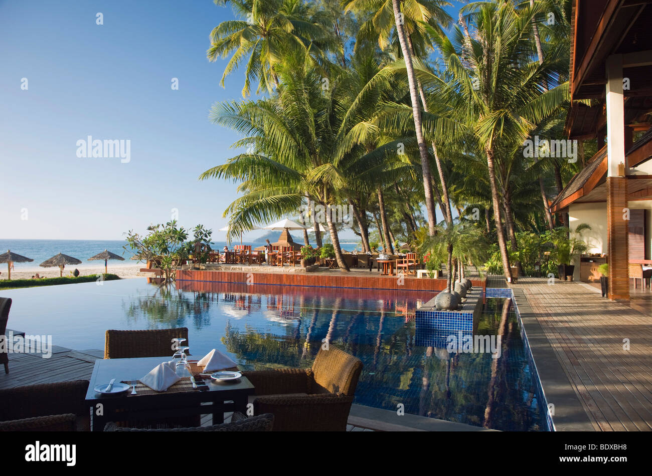 Hotel pool, palm trees, Ngapali Beach, Thandwe, Rakhine Coast, Bay of ...