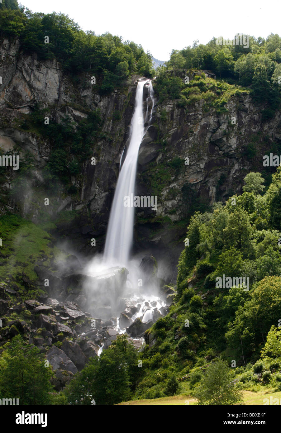 The waterfall of Foroglio plunges over the cliff of the glacial ...