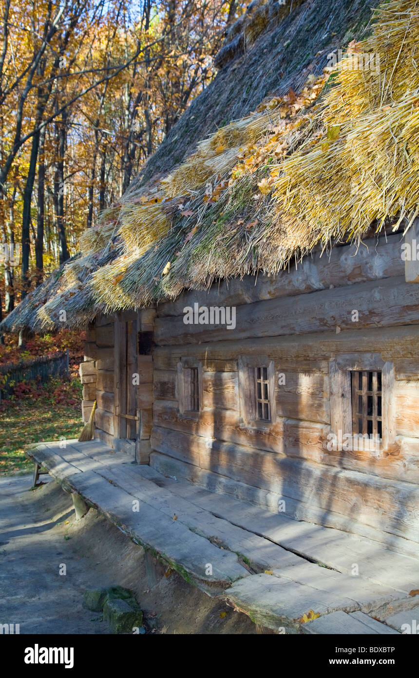 Ukrainian historical country wooden hut with thatched moss overgrown ...