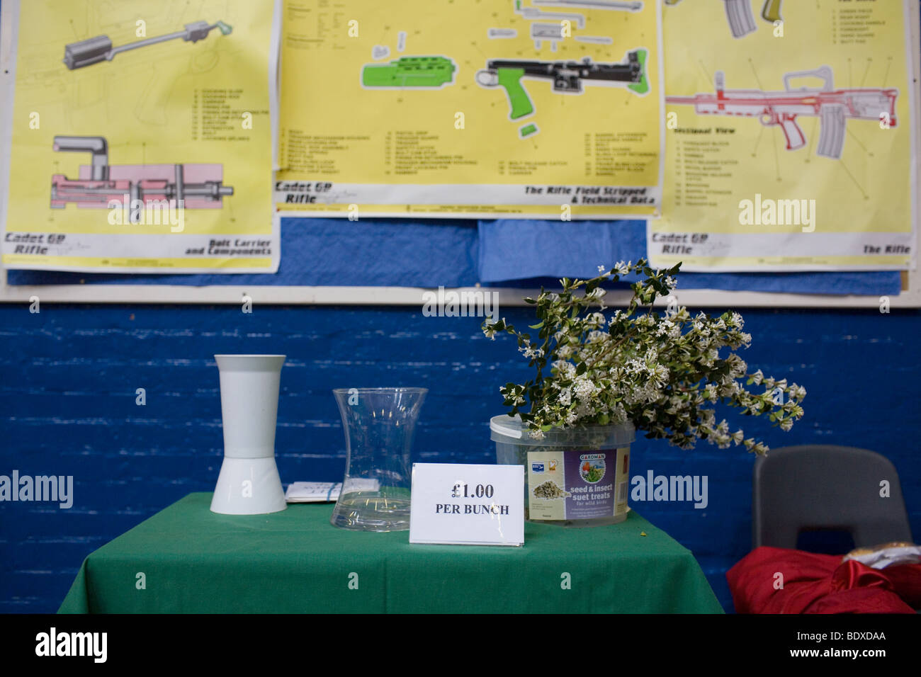 Flowers for sale at a country market in front of posters of how to ...