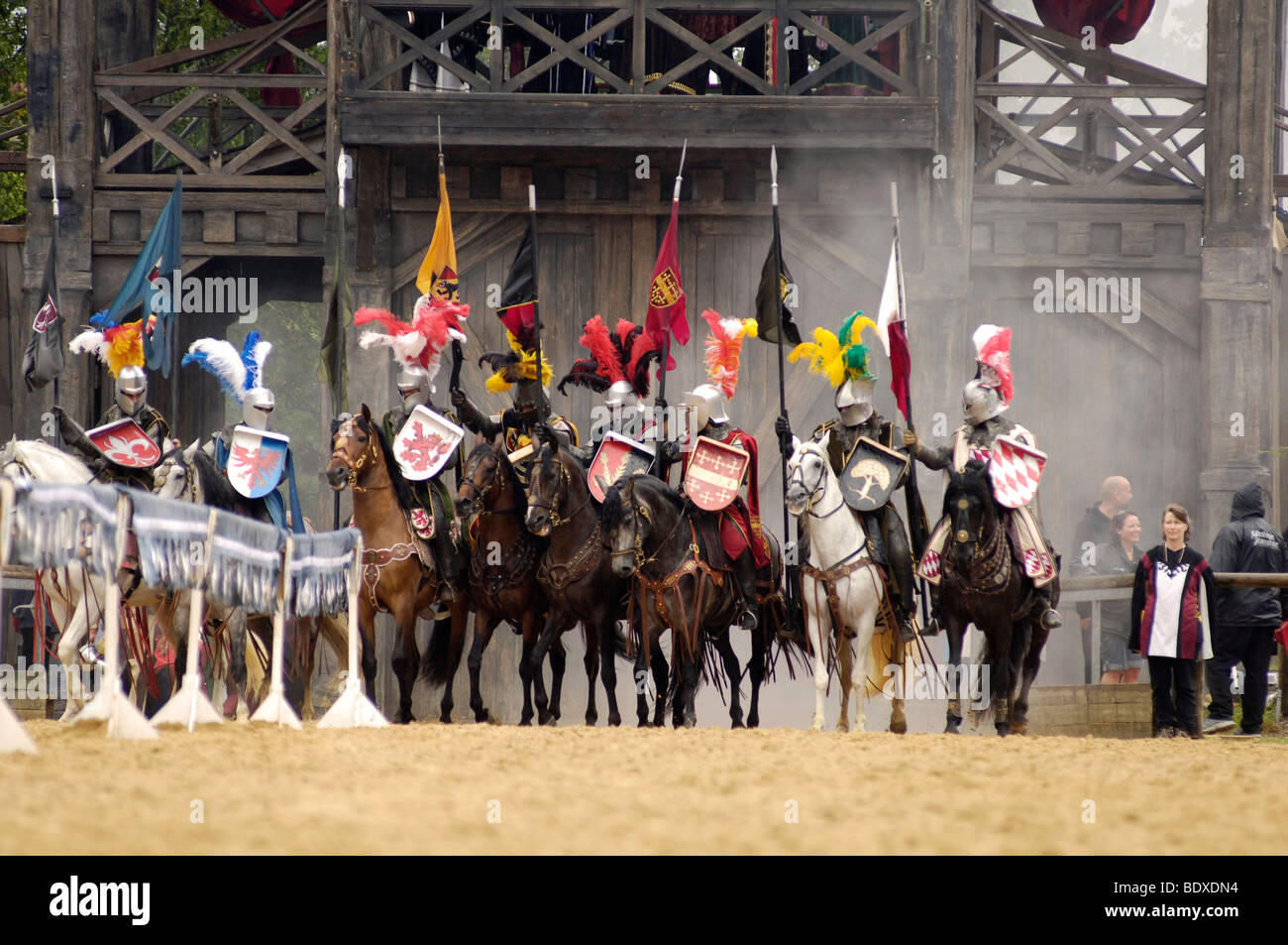 Knights riding into the arena, Knights' Tournament in Kaltenberg, Upper ...