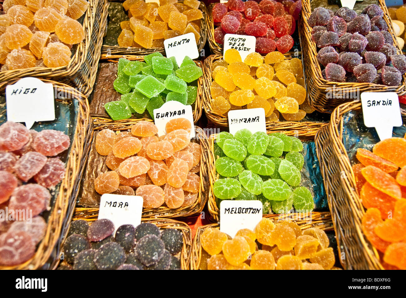 Candy stand at Boqueria Market in Barcelona, Spain Stock Photo - Alamy