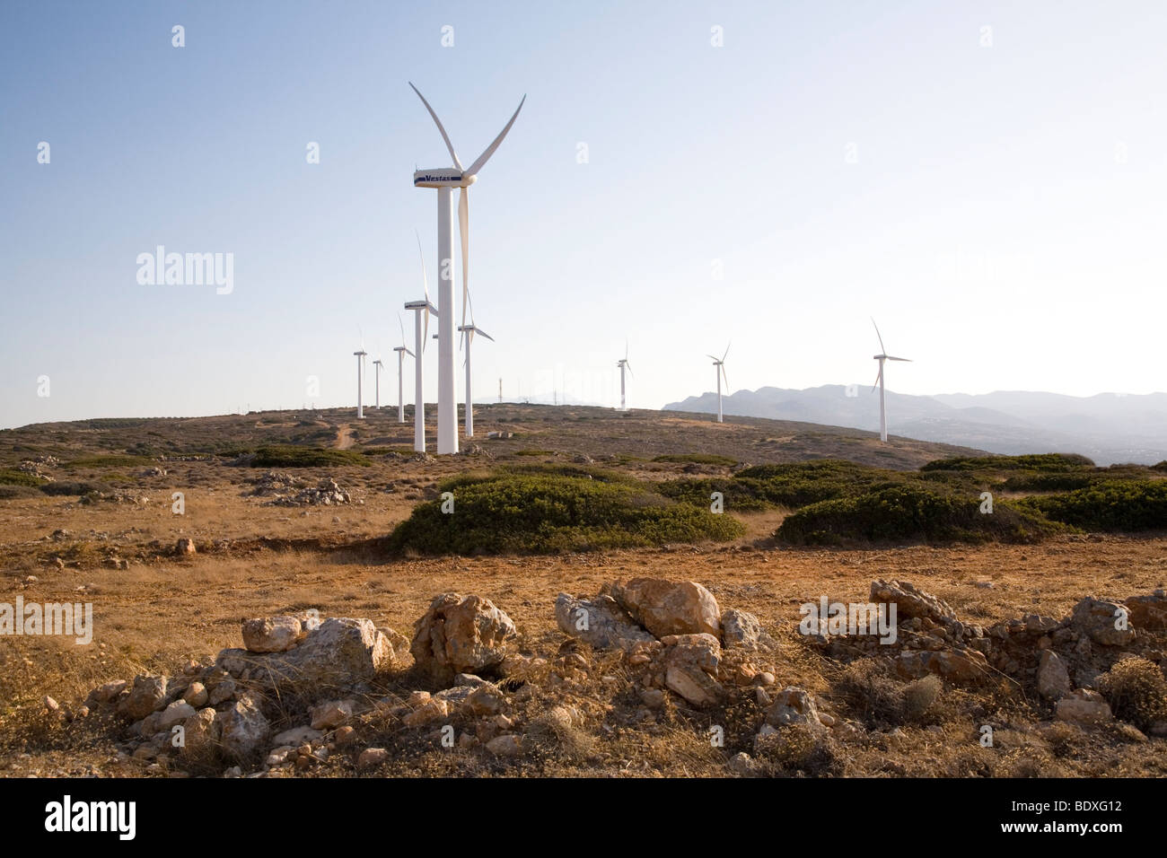 Operating wind turbines in aeolian energy park near Cape Ioanis on ...