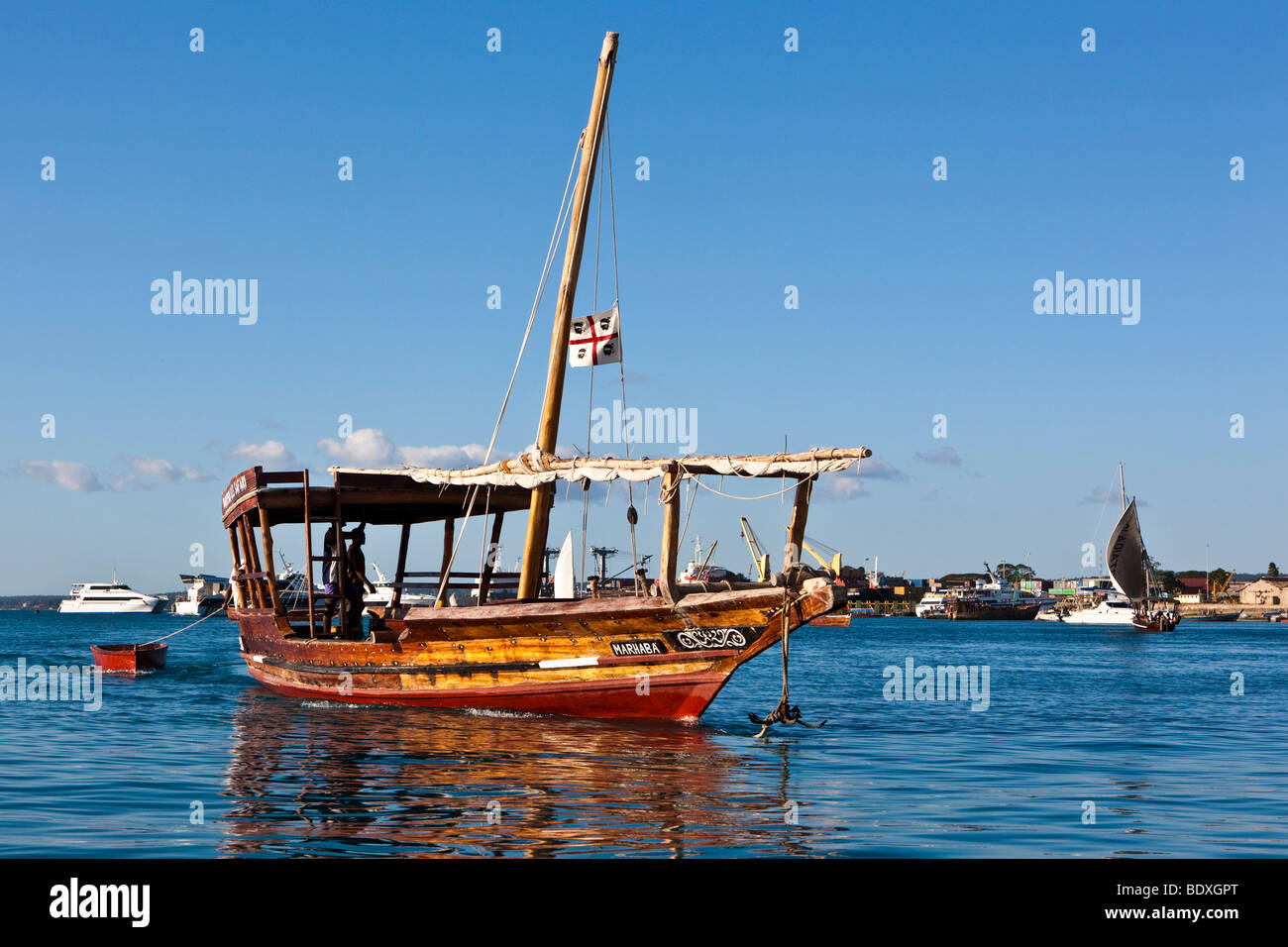 Arab dhow on the coast in front of Stonetown, Zanzibar, Tanzania ...