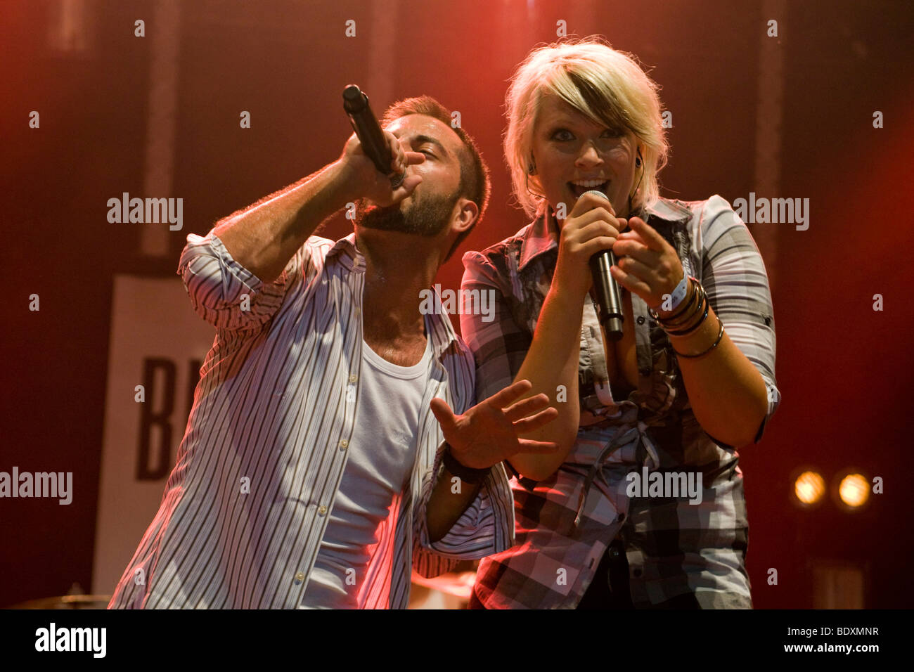 Swiss rapper Marco Bliggensdorfer aka Bligg and singer Lesley Bogaert ...