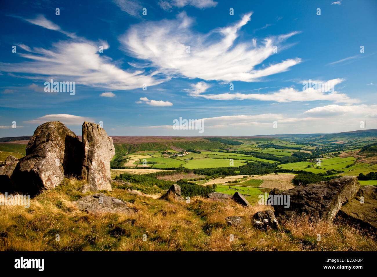 View down Bilsdale from Hasty Bank and the Wainstones on the Cleveland ...