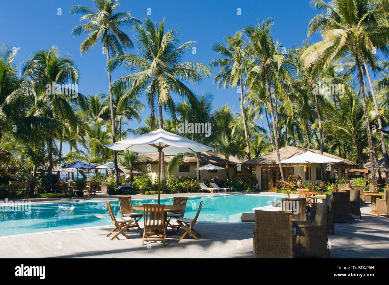 Hotel pool, palm trees, Ngapali Beach, Thandwe, Rakhine Coast, Bay of ...