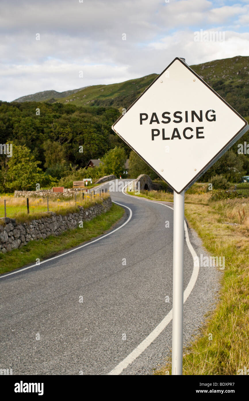 Passing Place sign by roadside. Ardnamurchan, West Coast of Scotland ...