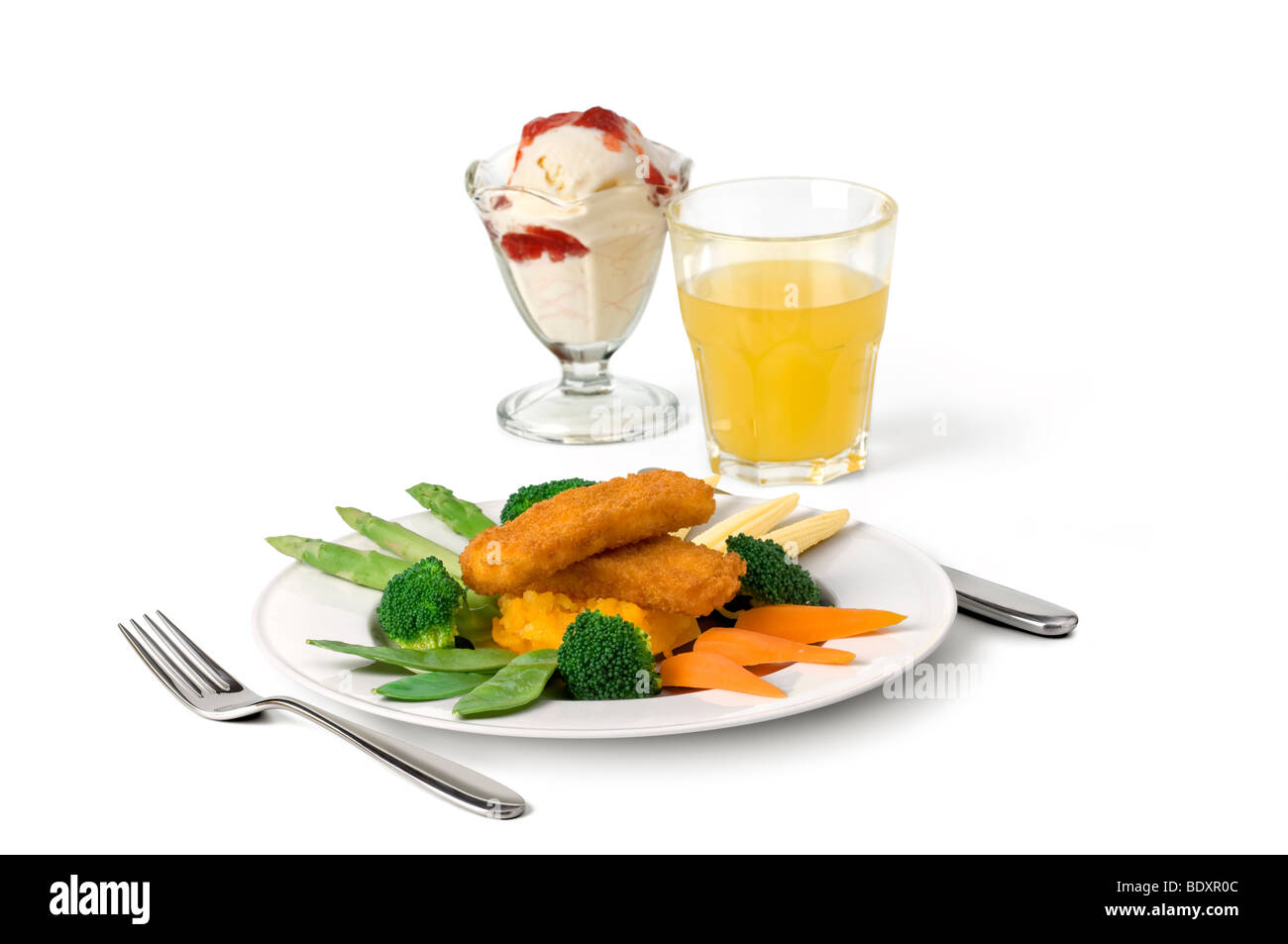 A meal of fish fingers and vegetables, with an ice cream sundae and a ...