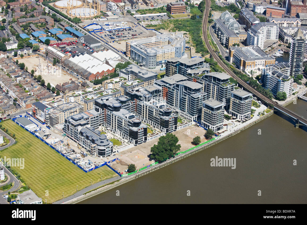 Aerial view of new build project in London on river Thames Stock Photo ...